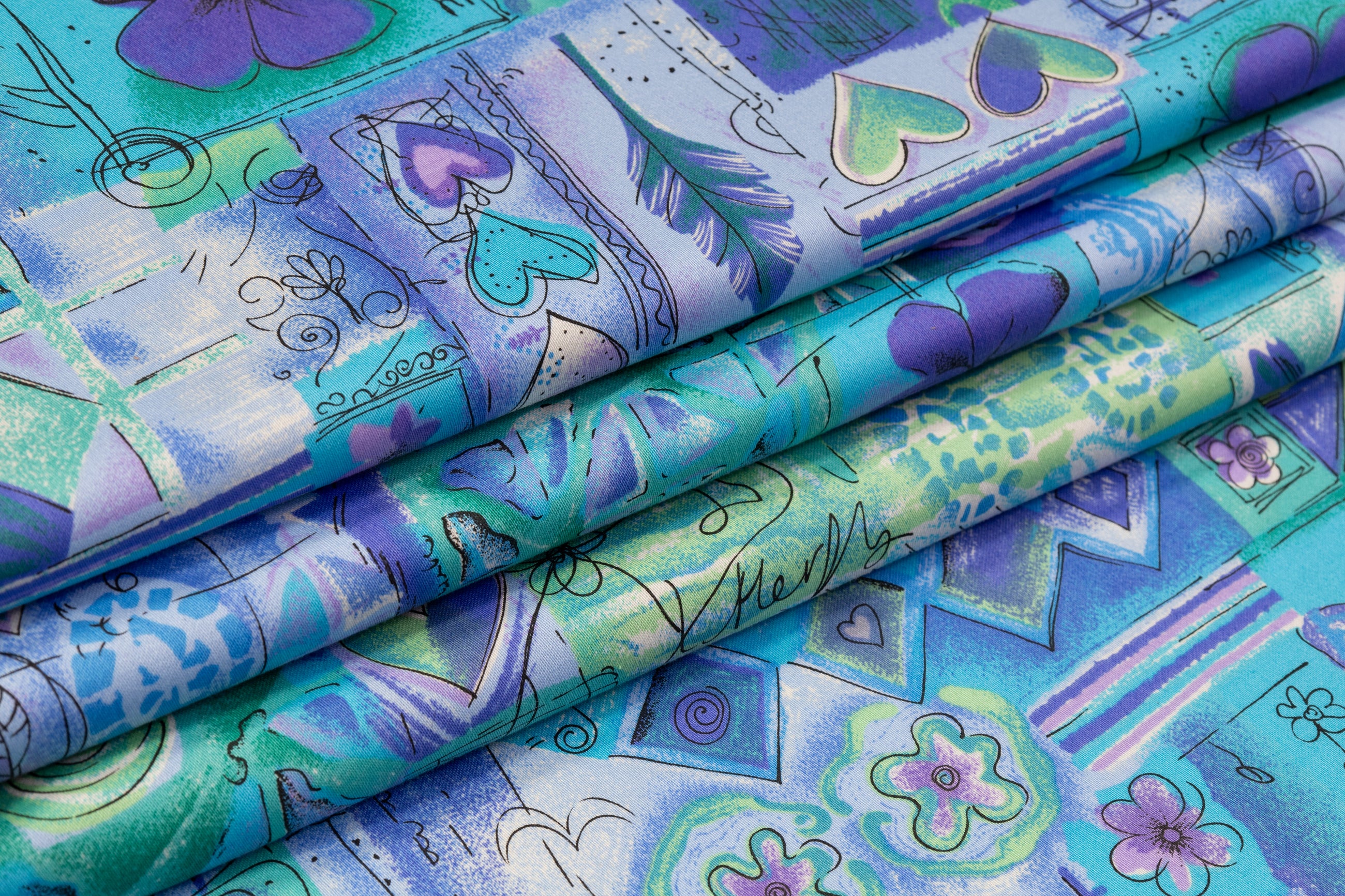 Floral Collage Japanese Cotton Twill - Blue / Green / Purple