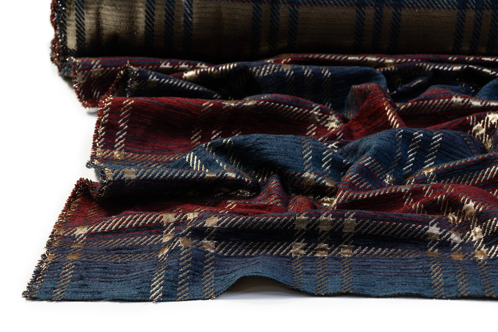 Plaid Metallic Italian Chenille Brocade - Burgundy / Navy / Gold
