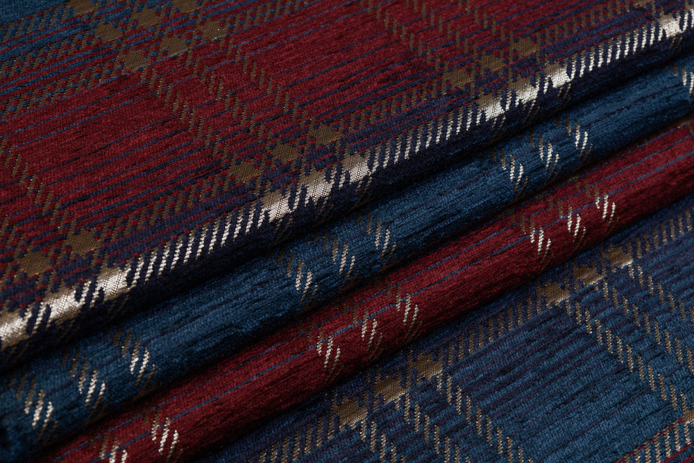 Plaid Metallic Italian Chenille Brocade - Burgundy / Navy / Gold