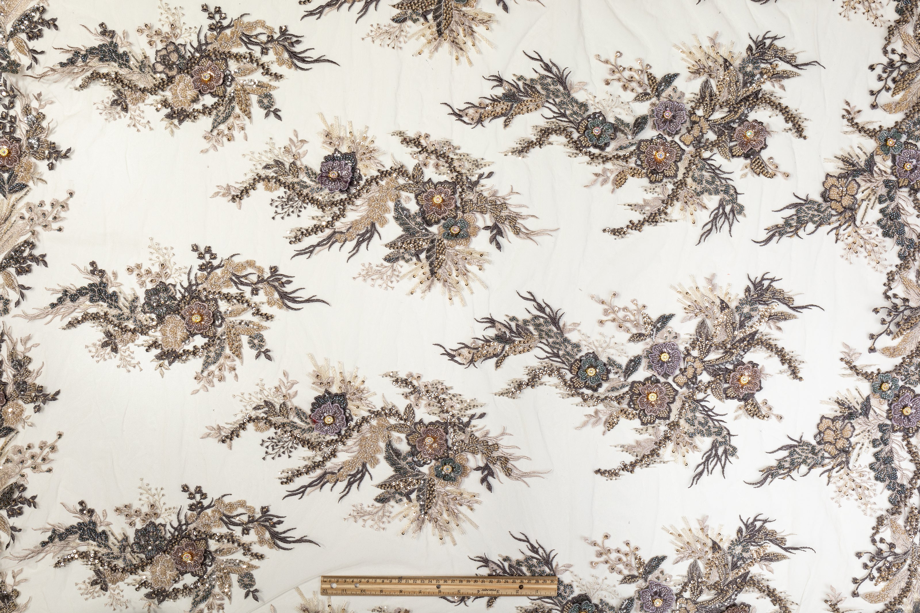 Floral Beaded and Embroidered Tulle - Beige / Multicolor