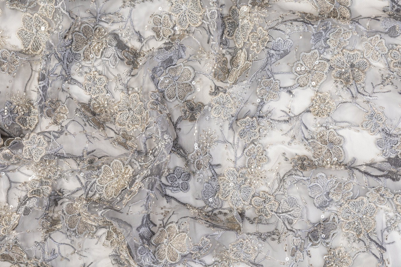 Floral Beaded and Embroidered Tulle - Gray – Prime Fabrics