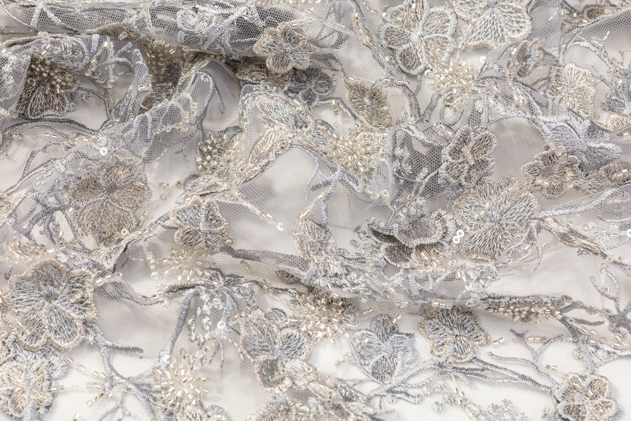 Floral Beaded and Embroidered Tulle - Gray – Prime Fabrics