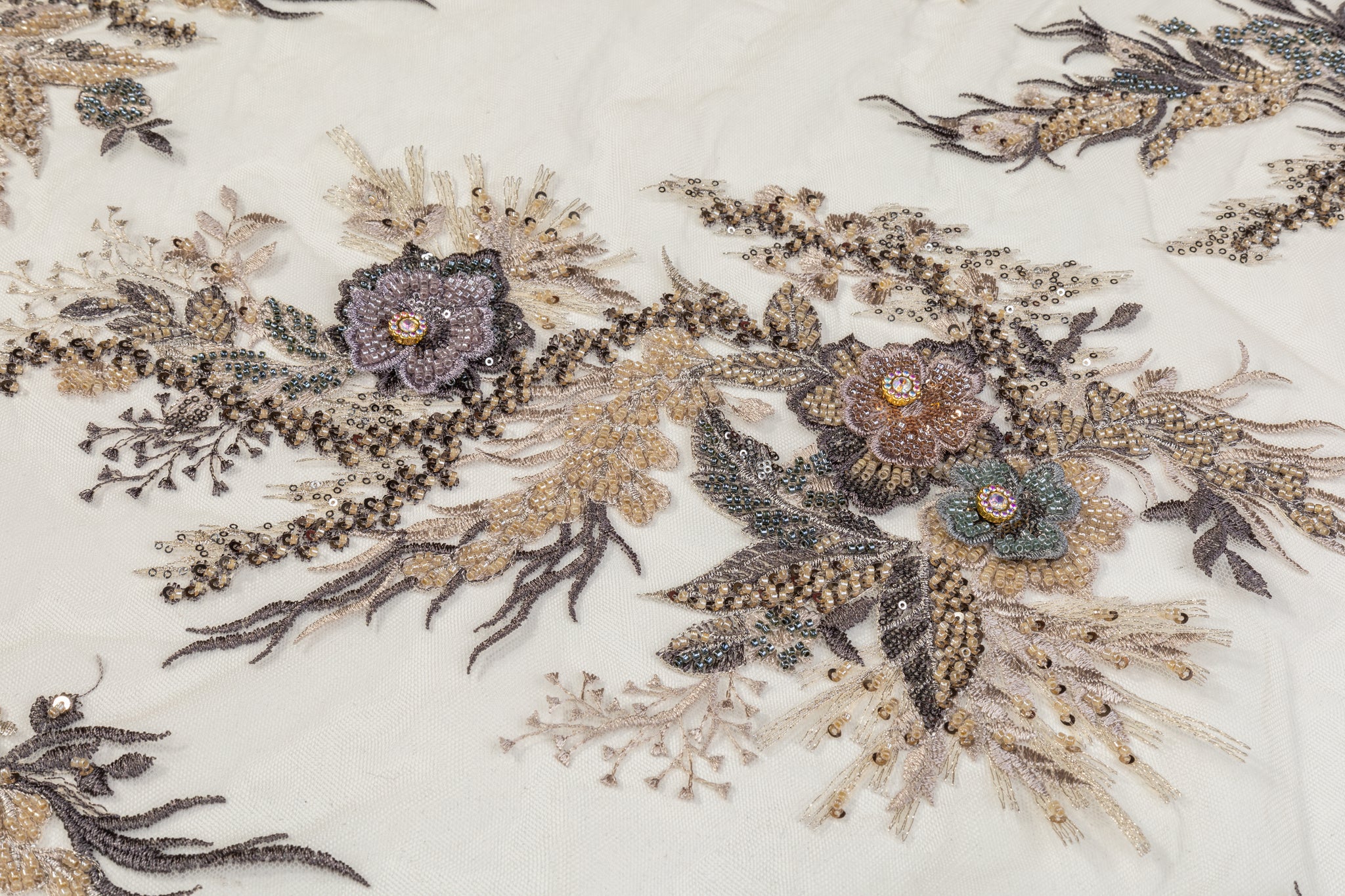 Floral Beaded and Embroidered Tulle - Beige / Multicolor