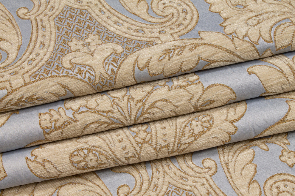 Damask Cut Velvet Upholstery - Blue and Gold – Prime Fabrics